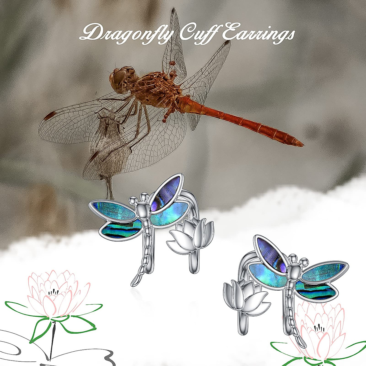 Dragonfly Ear Cuffs for Non PierceD Ears Sterling Silver Cuff Earrings with Abalone Shell, Dragonfly Gifts for Women