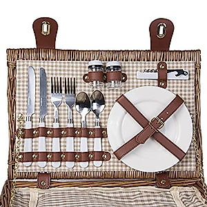 SatisInside Picnic Basket for 2 Wicker Picnic Set with Insulated Liner for Camping,Wedding,Valentine Day,Gift - Reinforced Handle, Coffee