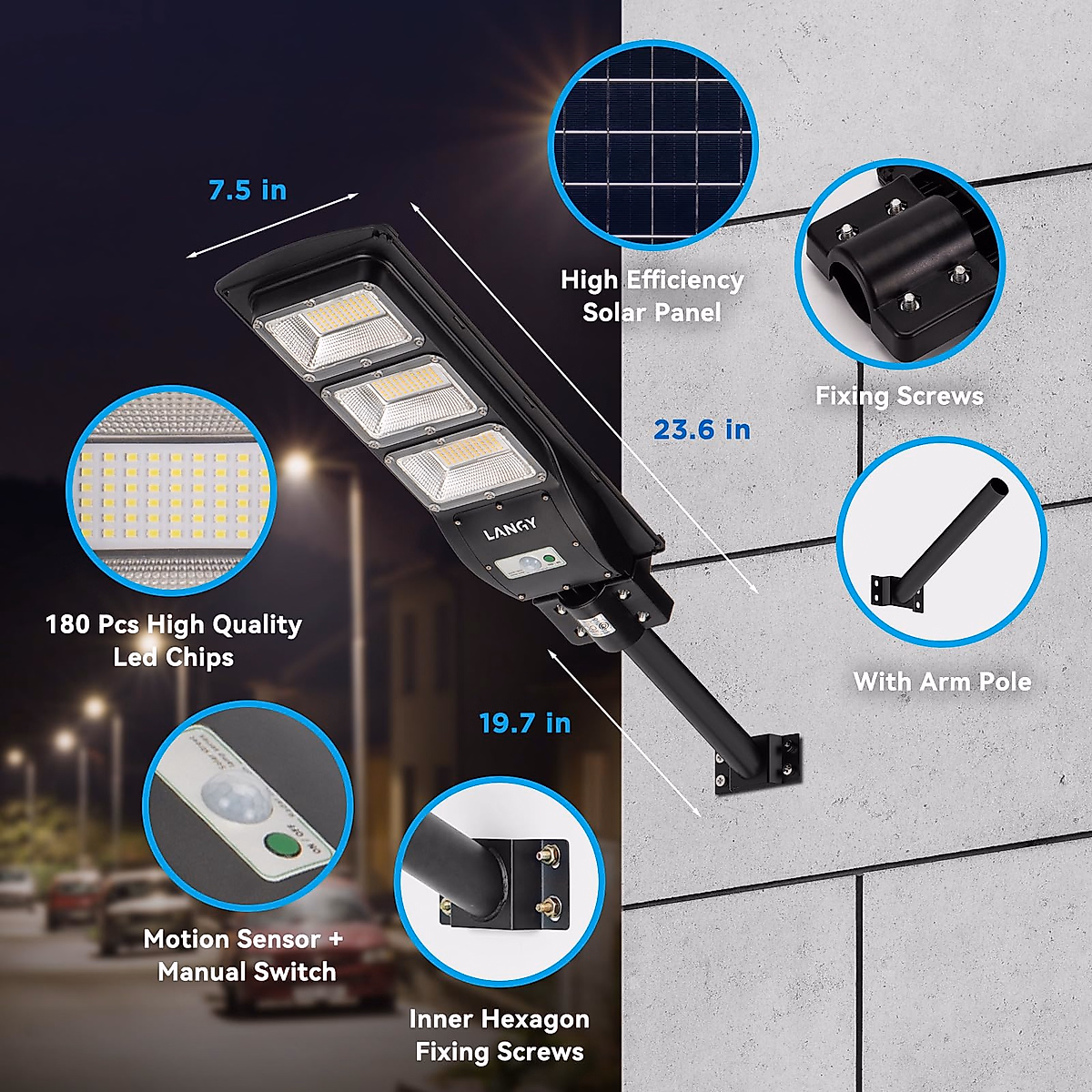 LANGY 90W Solar Street Lights Outdoor 12000LM Solar LED Street Light Solar Powered, Dusk to Dawn, Motion Sensor with Remote Control, IP66 Waterproof, for Commercial Grade Barn Sidewalk Garden