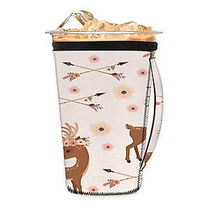 Reusable Iced Coffee Sleeve Deer Animal Insulator Sleeves for Cold Drink Beverages Elk Arrow Iced Coffee Sleeve with Handle Neoprene Cup Holder for Coffee, Tea, Soda, Latte(32 oz)