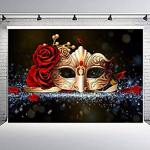 Masquerade Party Backdrops Golden Mask Red Rose Backdrop for Fiesta Mardi Gras Event Dance Photo Background Birthday Studio Photo Video Shoot Props (Vinyl-7x5ft)