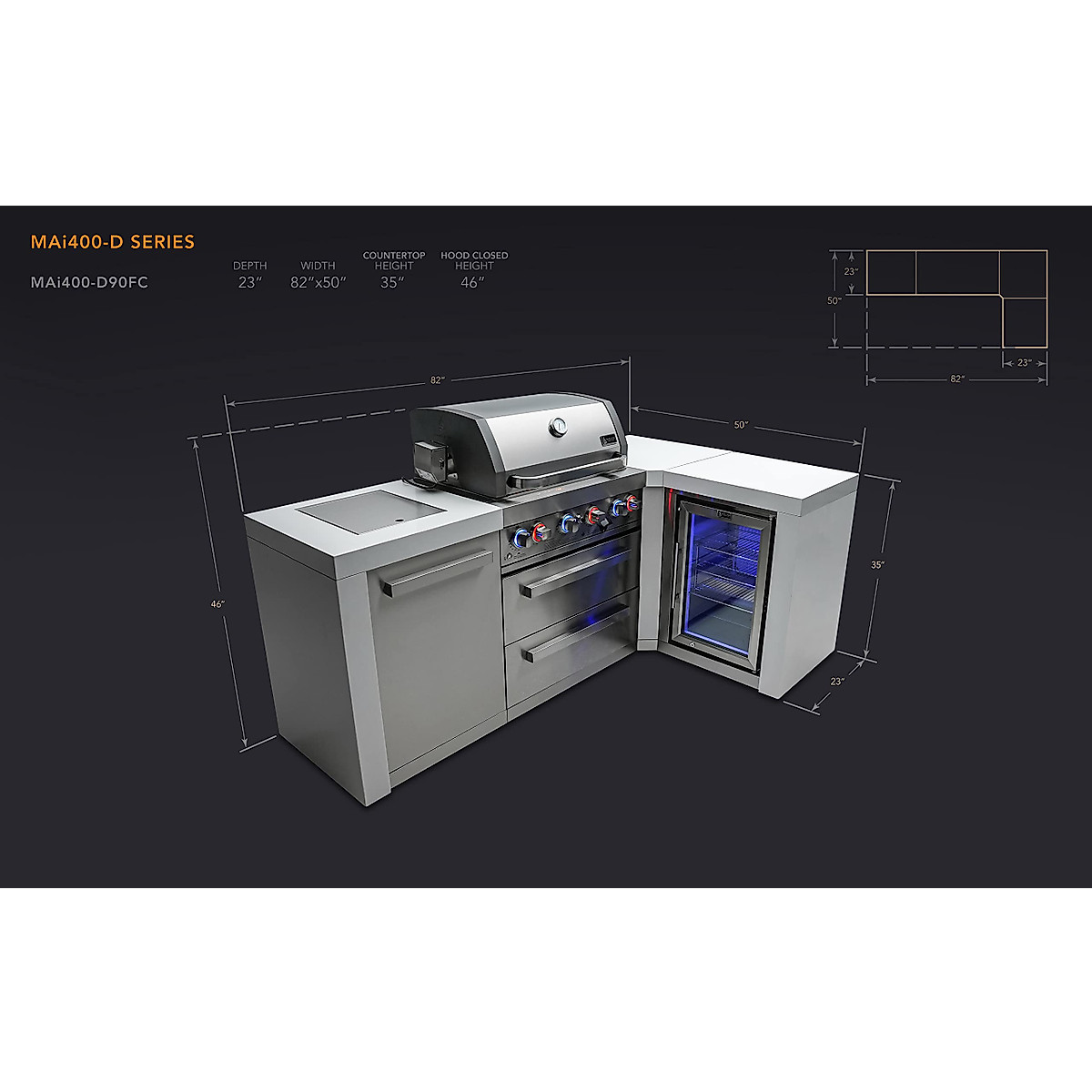 Mont Alpi MAi400-D90FC 32-Inch 4-Burner 78000 BTU 90 Degree Corner Stainless Steel Gas Outdoor Kitchen Barbecue Island Grill + Infrared Side Burner + Wine Cooler Beverage Center Compact Refrigerator