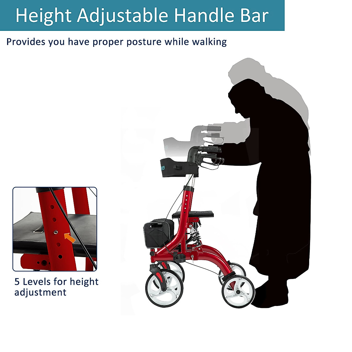 ELENKER Rollator Walker with Seat, 10”Front Wheels, with Shock Absorber & Carrying Pouch, Lightweight Compact Folding Design for Seniors (Red)