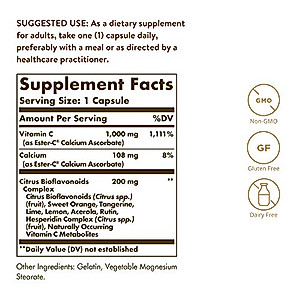 Solgar EsterC Plus 1000 mg Vitamin C with Bioflavonoids Capsules Gentle Non Acidic 24Hour Immune Support Supports Upper Respiratory Health NonGMO Gluten Free Servings, Citrus, 100 Count