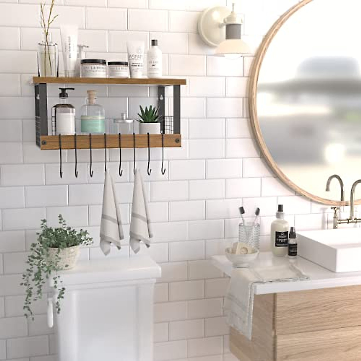 J JACKCUBE DESIGN Wall Mount Rustic Wood Floating Shelf, Coffee Mug Rack with 8 Hooks, 2 Tier Hanging Storage Shelves for Kitchen, Bathroom, and Living Room - MK455A