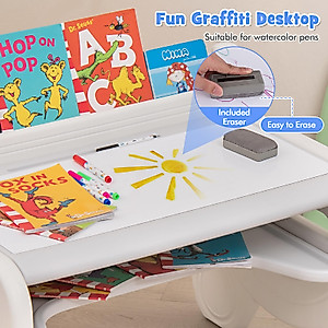 HONEY JOY Kids Table and Chair Set, Plastic Children Activity Table and Chair w/Graffiti Desktop, Storage, Markers & Eraser, Toddler Table and Chair Set for Daycare Playroom Classroom (Gray)