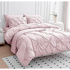LANE LINEN Pink Comforter Set Queen Size with Sheets, Pillowcases & Shams, Pintuck Bedding Queen Size, Soft Queen Size Bed in a Bag Set, Pinch Pleated Queen Bed Comforter Set, Queen Bed Set for Girls