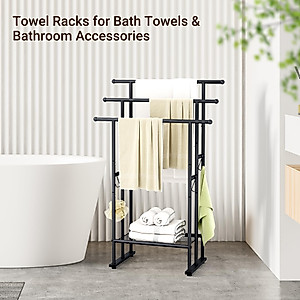 ELYKEN 3 Tier Standing Towel Rack, 40'' Tall Towel Drying Rack Outdoor, Freestanding Floor Towel Rack with Shelf, Pool Towel Blanket Stand, Metal Towel Racks for Bathroom freestanding, Matte Black