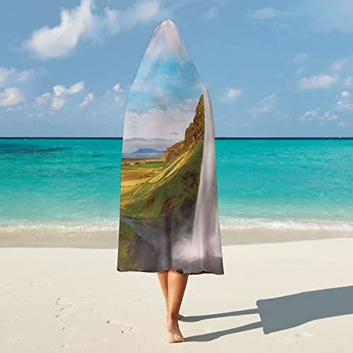 Hooded Blanket Poncho, Waterfall Women Men Hooded Blanket, Iceland Summer Wilderness, Soft Warm Cozy, 40 x 50inches, Studying Reading Snuggling Napping Office, Multicolor