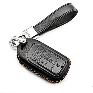 INFIPAR Fit for Honda Passport CR-V Accord Pilot Civic HR-V Insight Genuine Leather Smart Key Fob Case Cover Keyless Entry Protector, with Key Chain (5-Button, Black)