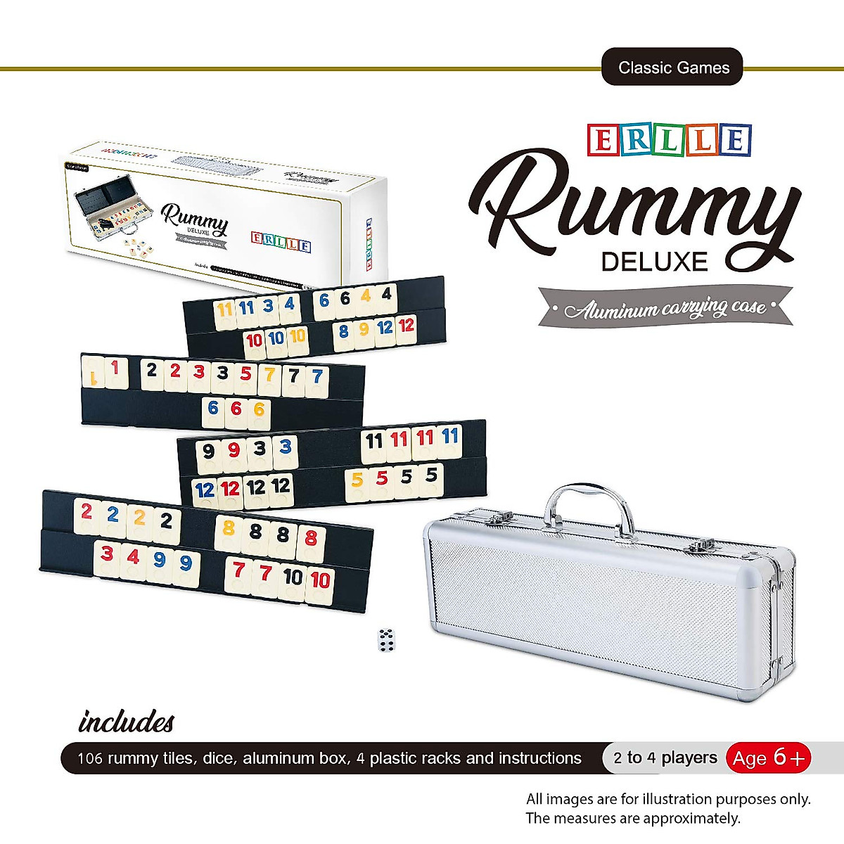 106 Rummy Tiles Game, Rummy Cube Sets Travel Game Outlasting Color with Aluminum Case & 4 Anti-Skid Durable Trays. Board. 106 Tile, 4 Players. Deluxe Edition.