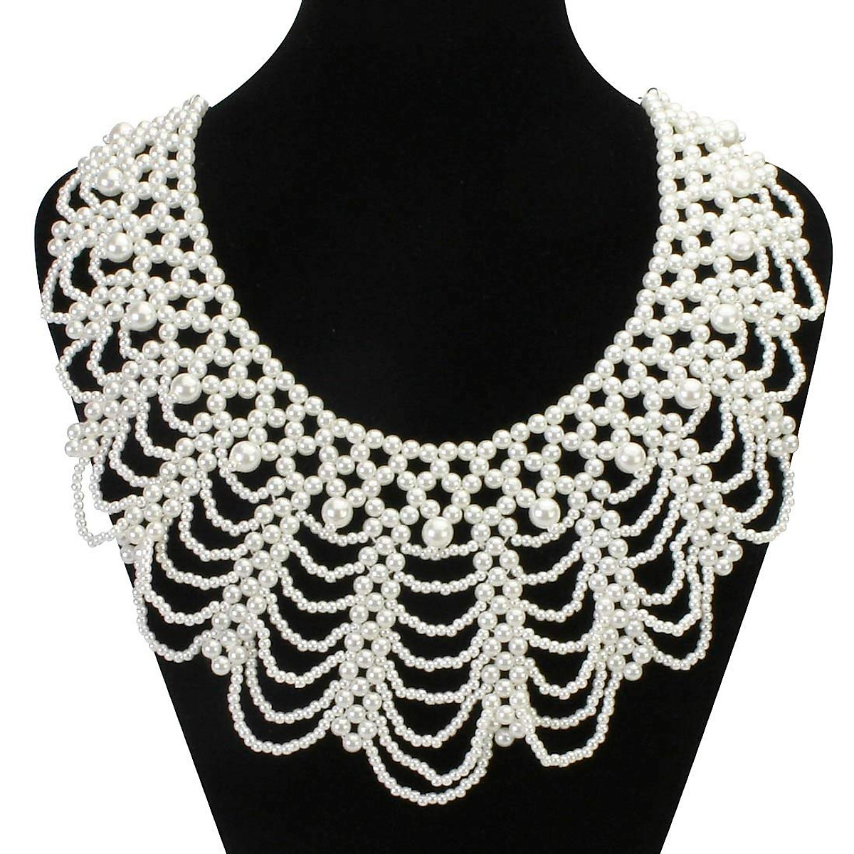 Shinywear Women Pearl Beads Necklace Decorative Gown Dress False Collar Luxury Crown Choker Dicky Neckwear Cream White