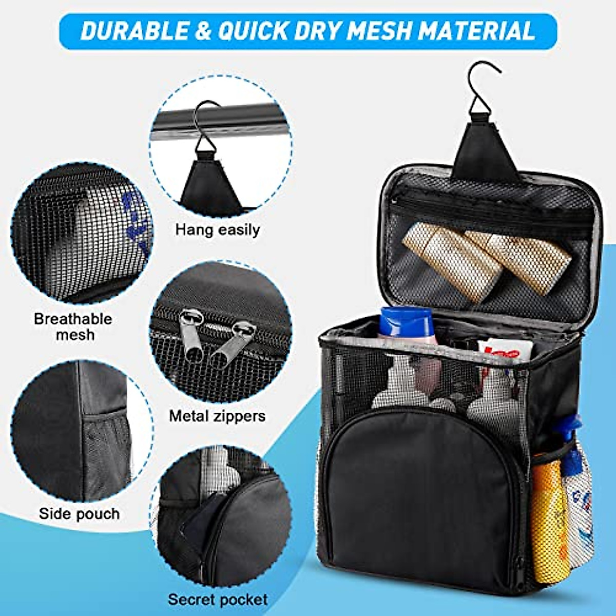 4 Pcs Portable Shower Caddy Set Quick Dry with Metal Hook Hanging Shower Bag Portable Toiletry Tote Gym Bag Breathable Mesh Shower Caddy Hanging Mesh Zipper Organizer Bag for Gym Dorm Bathroom