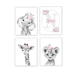 Baby Girl Nursery Wall Art Floral Safari Animals Elephant Giraffe Lion Room Decor 4 UNFRAMED PRINTS