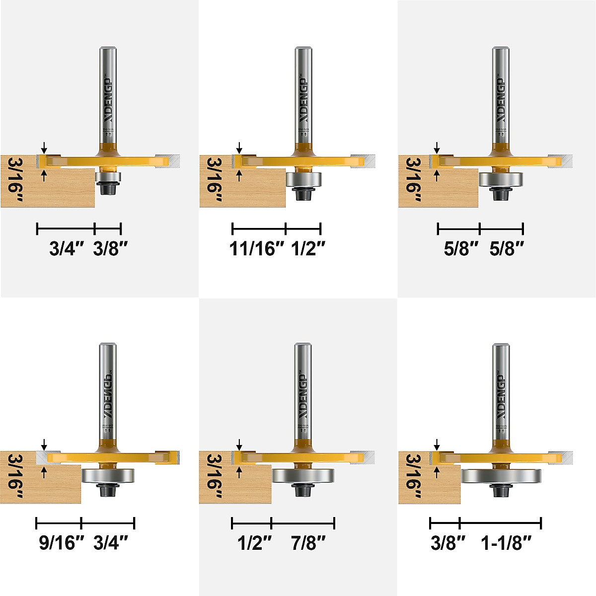 XDENGP Rabbet Router Bit Set 1/4 Shank, Rabbeting Router Bits 1pcs with 6 Bearings for Interchangeable and Adjustable Multi Depths Cutter 1/8", 1/4", 5/16", 3/8", 7/16", 1/2"