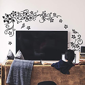 LiveGallery Removable Black Vinyl Flowers Wall Decals DIY Flower Vines and Butterfly Wall Stickers Decor Peel Stick Art Decoration for Teens Room Baby Girls Bedroom Living Room Home Wall Corner