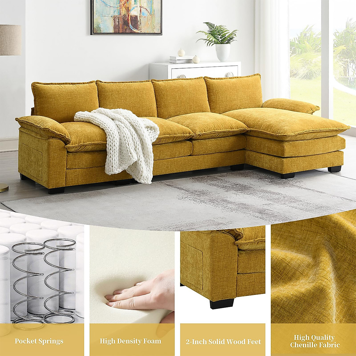 Oversized Chenille Sectional Sofa,118.5'' Extra Large L-Shaped Couch with Two Pillows, 5-Seater Comfy Cloud Couches with Chaise Lounge, Comfy Deep Seat Sofa for Living Room, Yellow