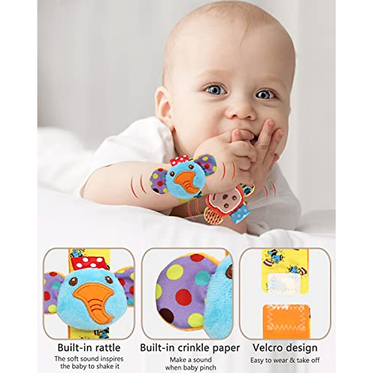 Soft Baby Rattle Toys, Wrist Rattle Foot Sock Rattles, Hand Arm Leg Ankle Handheld Rattles for Infants, Sensory Plush Animal Toys for Newborn Baby Girls and Boys (A8)