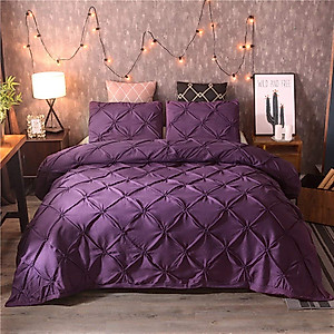 Feelyou Pintuck Duvet Cover Set King Size Purple Pinch Pleat Duvet Cover Tufted Design Bedding Set Zipper Soft Polyester Comforter Cover with 2 Pilllow Shams, Solid Geometric 3 Pieces