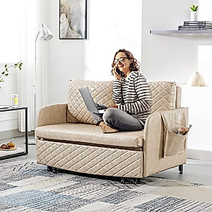 Antetek Sleeper Sofa Bed, 46-inch Faux Leather Loveseat Sleeper Sofa Couch with Pull-Out Bed, Small Love seat Sofa Single Bed with a Detachable Side Pocket for Living Room, Office, Camel
