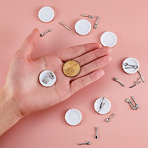 Skylety 4 Pieces 1:12 Scale Miniature Dollhouse Plates and 12 Pieces Spoons Knives Forks Metal Tableware Kitchen Accessories Miniatures Porcelain Plate Set Dollhouse Decoration