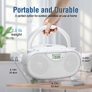 Nextron Portable Stereo CD Player Boombox with AM/FM Radio, Bluetooth, USB, AUX-in, Headphone Jack, CD-R/RW and MP3 CDs Compatible, Clear and Full Sound with Bass Boost, AC/Battery Operated – White