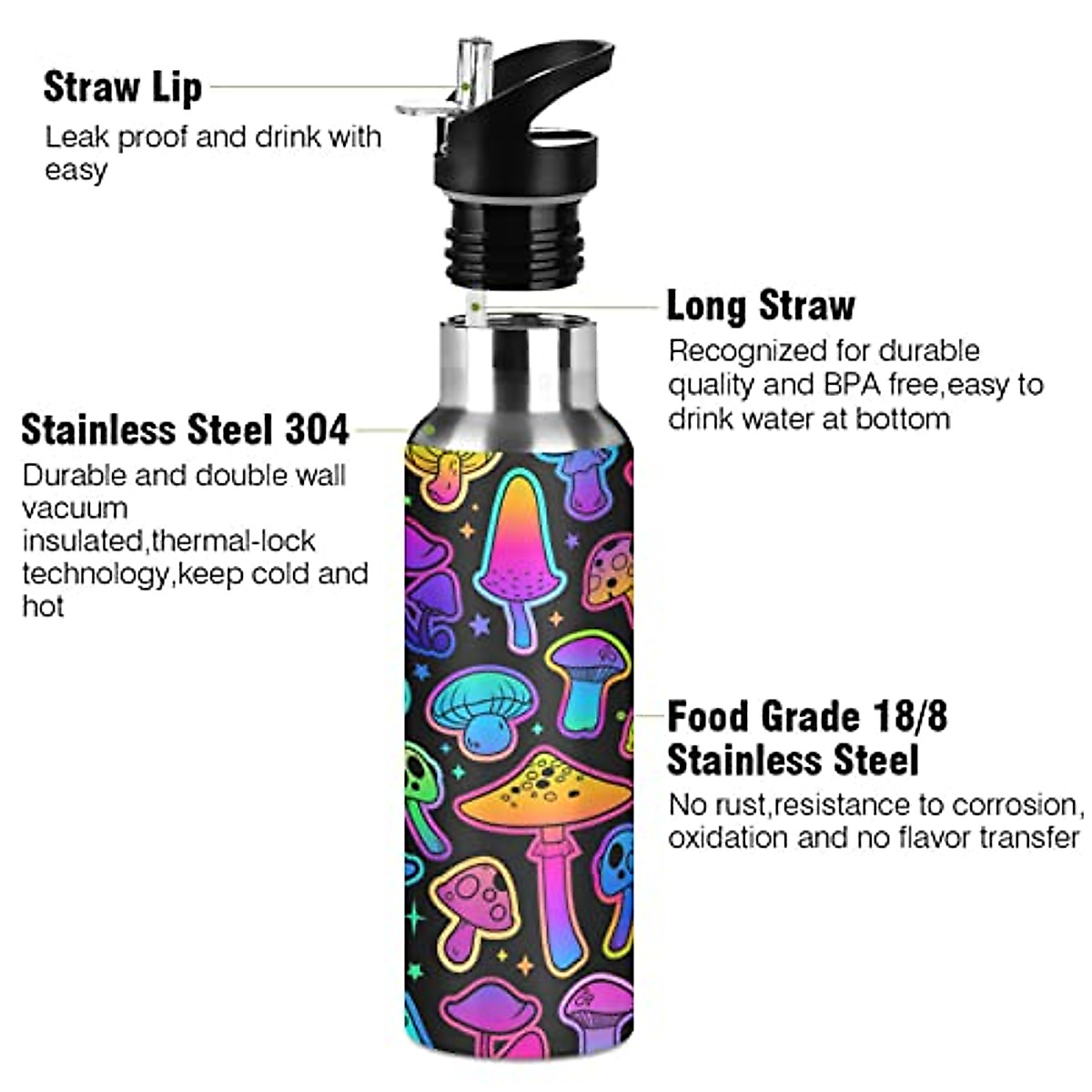 Oarencol Colorful Mushrooms Water Bottle Rainbow Star Stainless Steel Vacuum Insulated with Straw Lid 20 Oz
