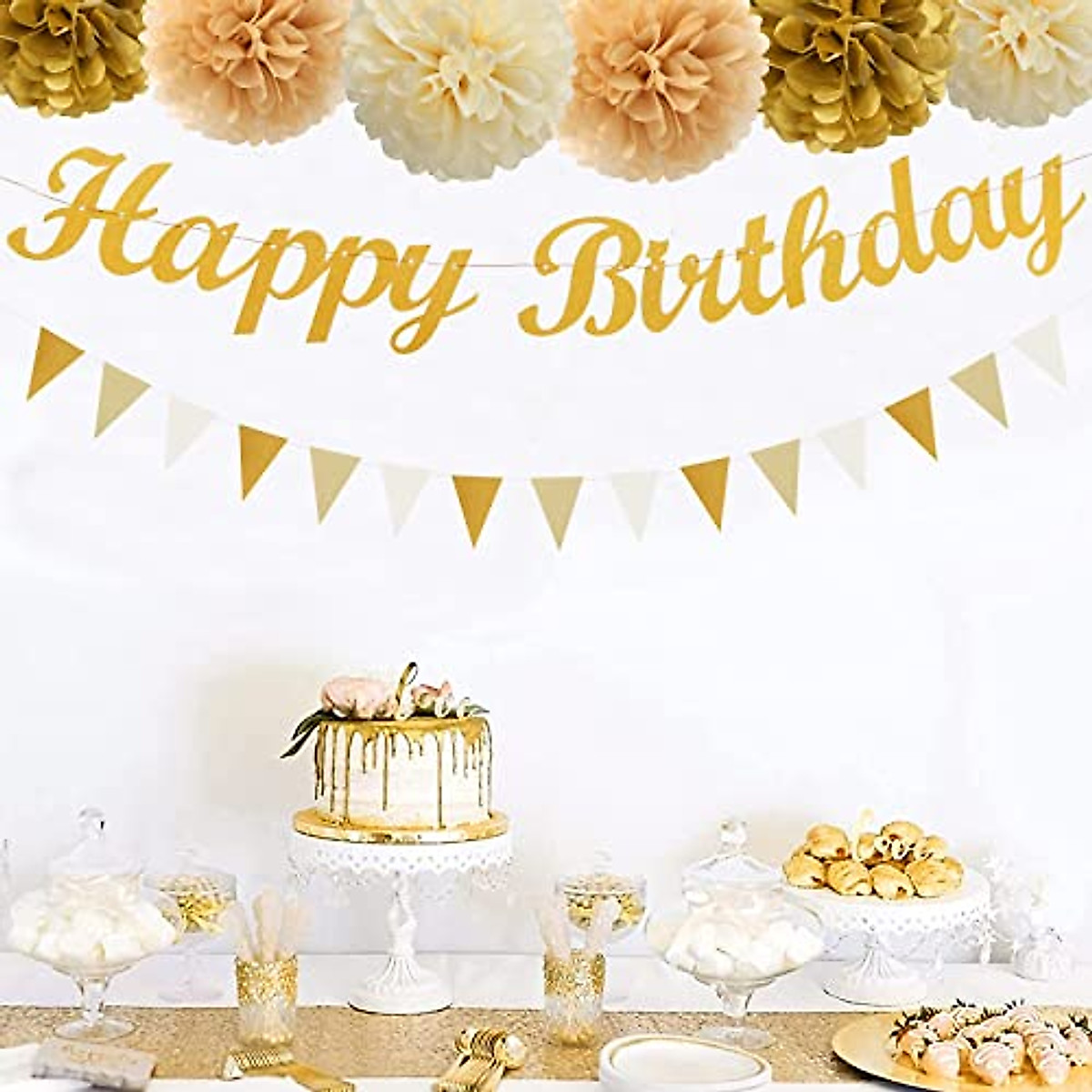 White-Gold Champagne Birthday Party Decorations - 27pcs Tissue Pom Poms Streamers,Christmas Tassel Garland,1st,2nd,10th,13th,18th,25st,30th,40th,50th Neutral Happy Birthday Banner Decor Panduola