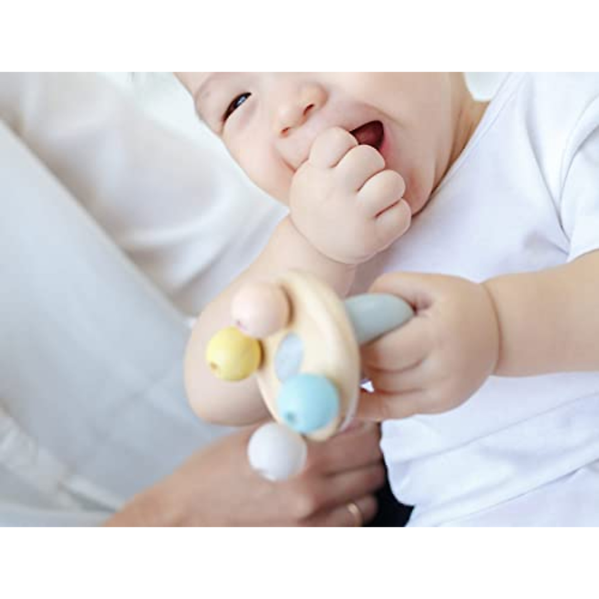 PlanToys Wooden Bell Rattle and Teether Toy (5250) | Pastel Color Collection |Sustainably Made from Rubberwood and Non-Toxic Paints and Dyes