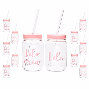 BLUE PANDA 12 Pack I Do Crew Bachelorette Party Cups with Lids, Pink Bridal Shower Mason Jar Gifts (18 oz)