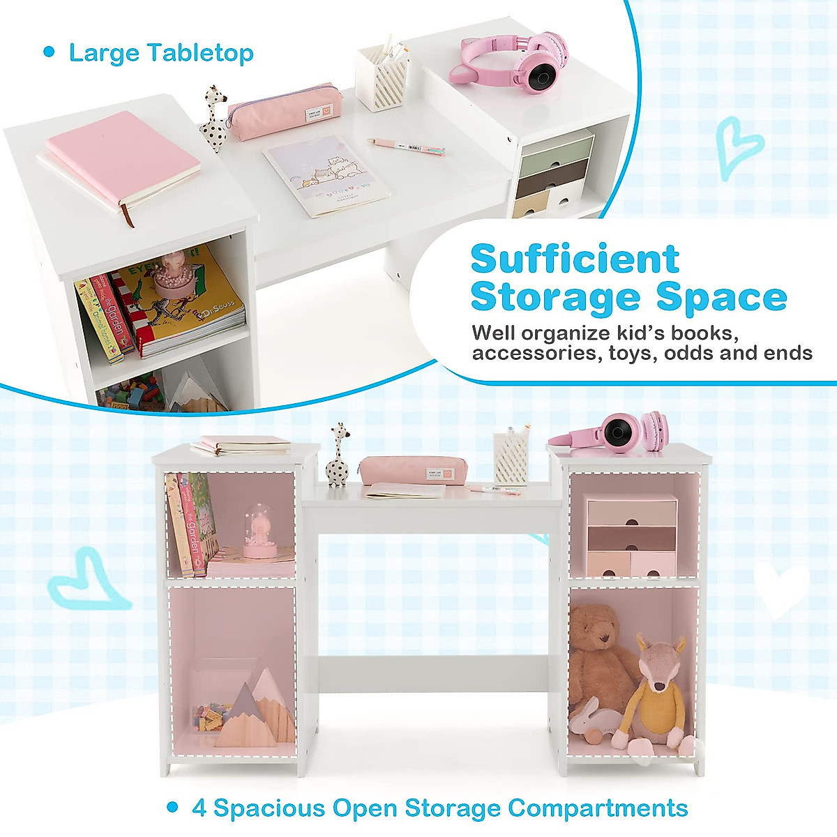 KOTEK Kids Vanity Table and Chair Set, 2 in 1 Wooden Princess Dressing Desk with Detachable Tri-Folding Mirror & Storage Shelves, Girls Pretend Play Beauty Makeup Vanity for Bedroom (White)
