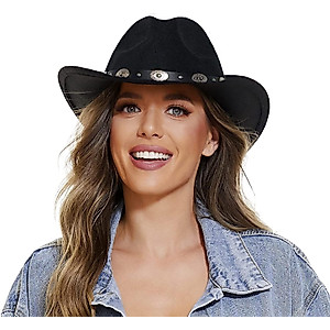 Classic Western-Cowboy-Hat for Women and Men - Wide Brim Roll Up Fedora-Hat Felt Cowboy Cowgirl Hat Fit for M-L (US, Numeric, 7, Black-3)