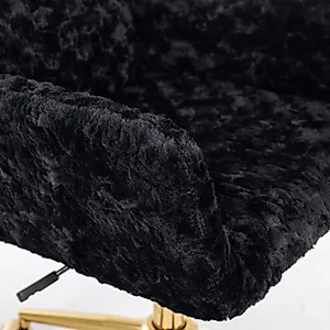 HomVent Furry Cute Office Chair, Modern Black Faux Fur Desk Chair, Faux Fur Makeup Vanity Desk Chair with Wheels & Gold Base,Ergonomic Adjustable Swivel Desk Chair for Girls Women Vanity Bedroom Study