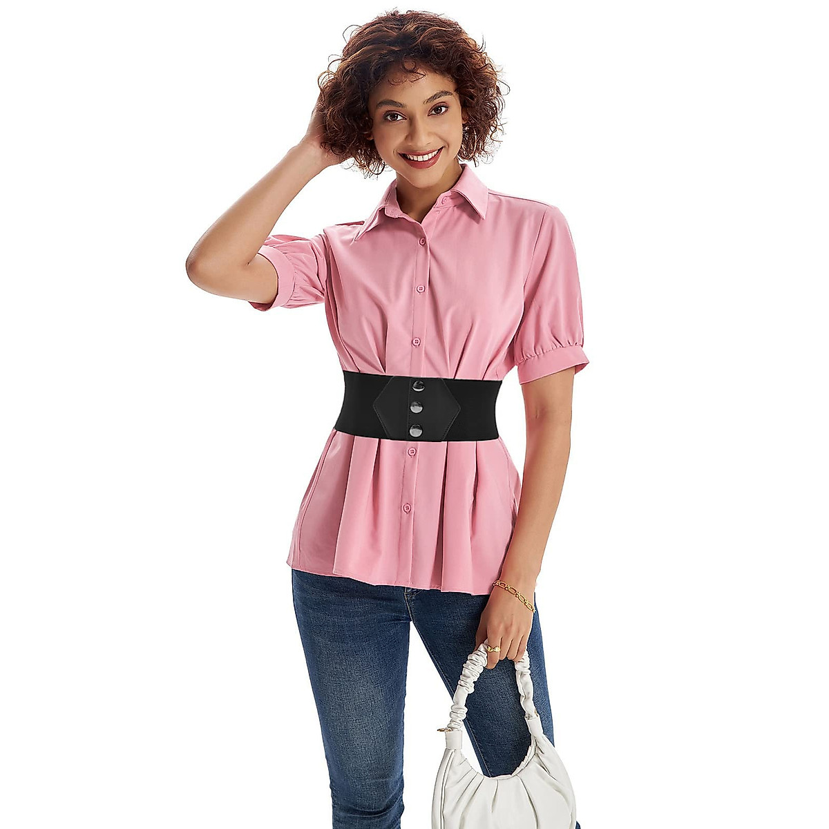 GRACE KARIN Womens Stretchy Belt Snap Button Corset Elastic Waist Belt Cincher Belt for Daily Party Dress Medium