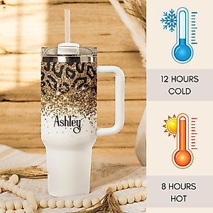 Personalized 40 oz Tumbler With Handle And Straw Lid Cheetah Print Glitter - Leopard Print Stainless Steel Insulated Travel Mug – Tumbler Gift For Women Mom Friend Teacher Nurse Her Birthday Christmas