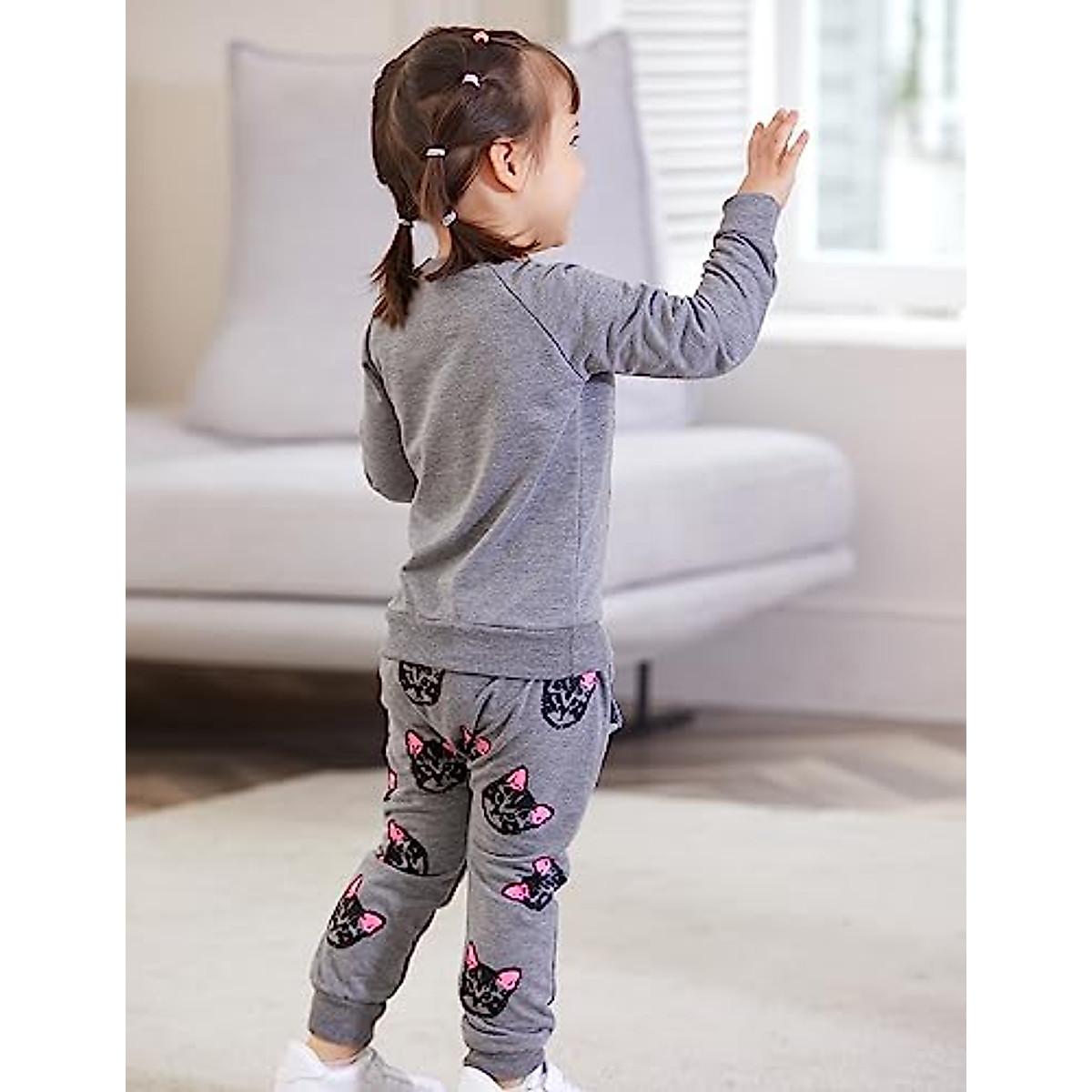 puseky Toddler Kids Girls Cute Cat Sweatshirt Tops & Pants Tracksuit Outfits Set (3T-4T, Grey)