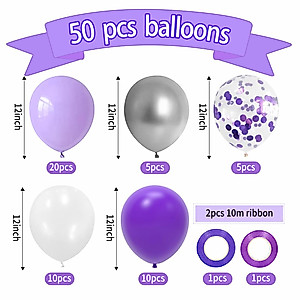 Msiveavz Purple White Party Balloons,Purple Balloons 50 Pcs 12 inch Purple and White Balloons Purple White Silver Latex Balloons For Wedding Baby Shower Birthday Party Decoration