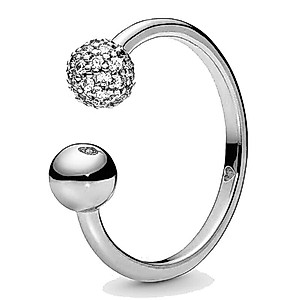 YENAKING Authentic Silver Sparkling Rose Polished & Pave Bead Open With Crystal Ring For Women Wedding Party Fashion Jewelry