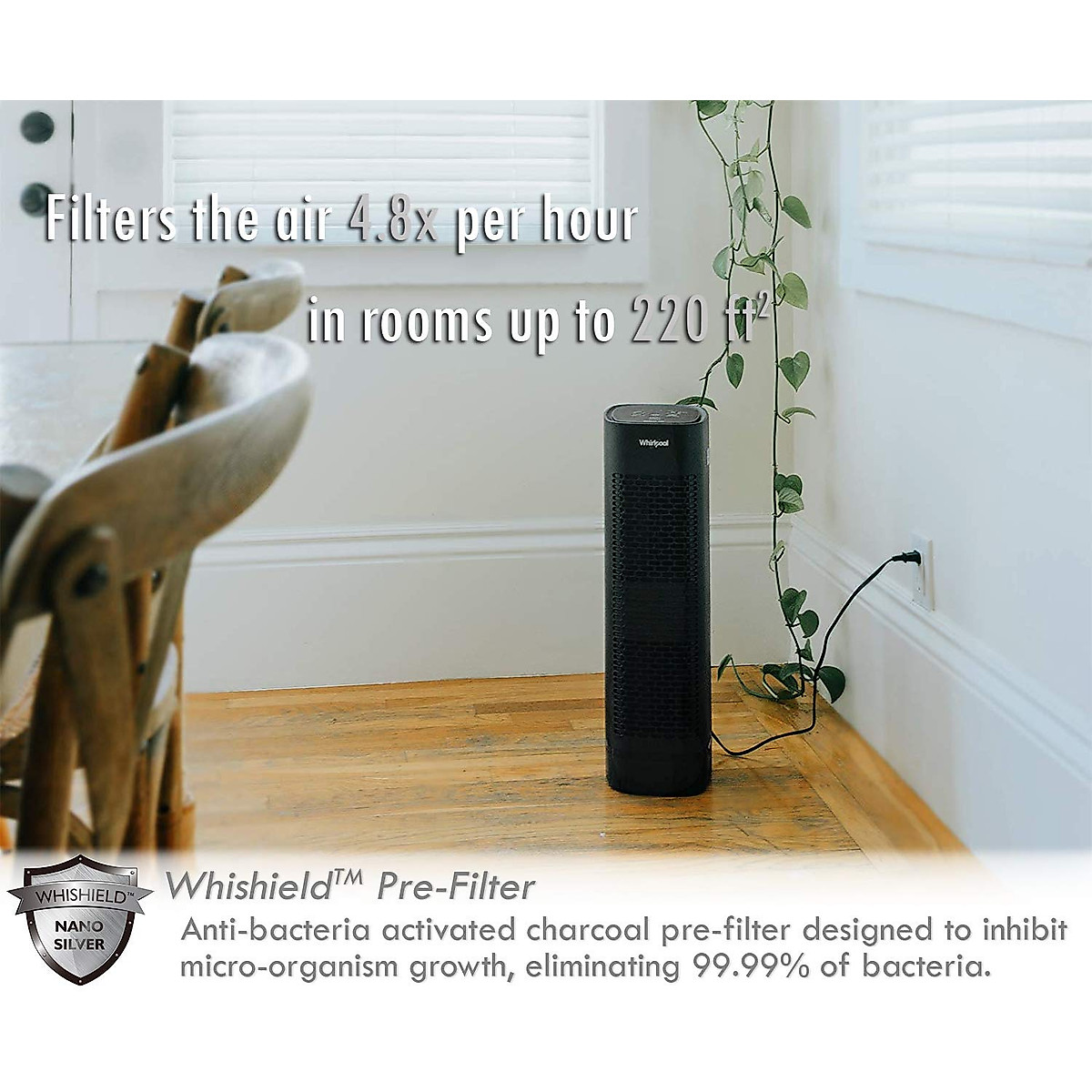 Whirlpool Whispure WPT80B, True HEPA Purifier, Activated Carbon Advanced Anti-Bacteria, Ideal for Allergies, Odors, Pet Dander, Mold, Smoke, Smokers, and Germs, Large, Black