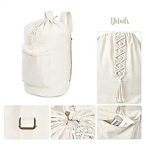 Mkono Laundry Bag with Shoulder Strap & Drawstring Closure Laundry Bags with Macrame Tassel Boho Hanging Clothes for College Dorm, Travel, Laundromat, Apartment