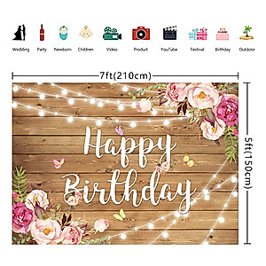 Rustic Wood Floral Birthday Backdrop Spring Flower Wood Glitter Happy Birthday Photography Background for Women Photo Booth Props Kids Adult Birthday Wedding Party Cake Table Decoration