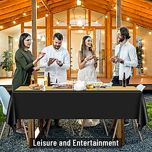 PLULON 12 Pack Plastic Tablecloth and Satin Table Runner Set Black Rectangle Table Cover Gold Table Runner for Wedding Birthday Halloween Graduation Party Picnic Kitchen Dinning Table Decorations