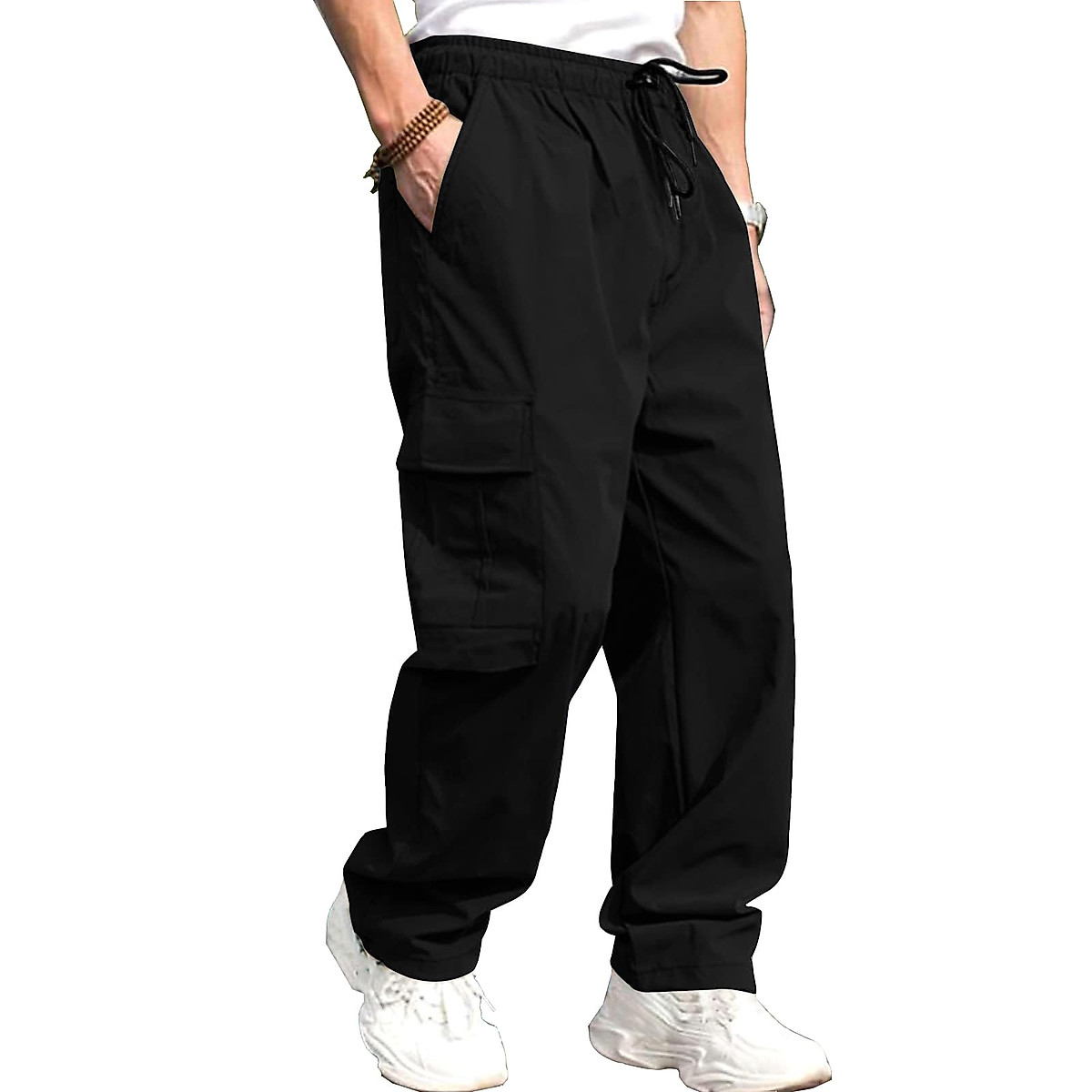 THWEI Mens Cargo Pants Casual Drawstring Joggers Cotton Work Sweatpants Outdoor Trousers Black S