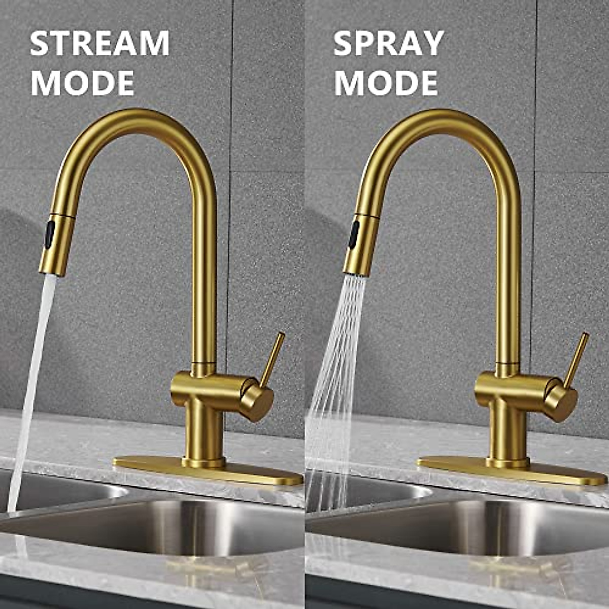 YardMonet Brushed Gold Kitchen Faucet with Pull Down Sprayer, Modern Gold Kitchen Sink Faucet Single Hole with 10" Deck Plate, Single Handle Pull Out Kitchen Faucets for Sink