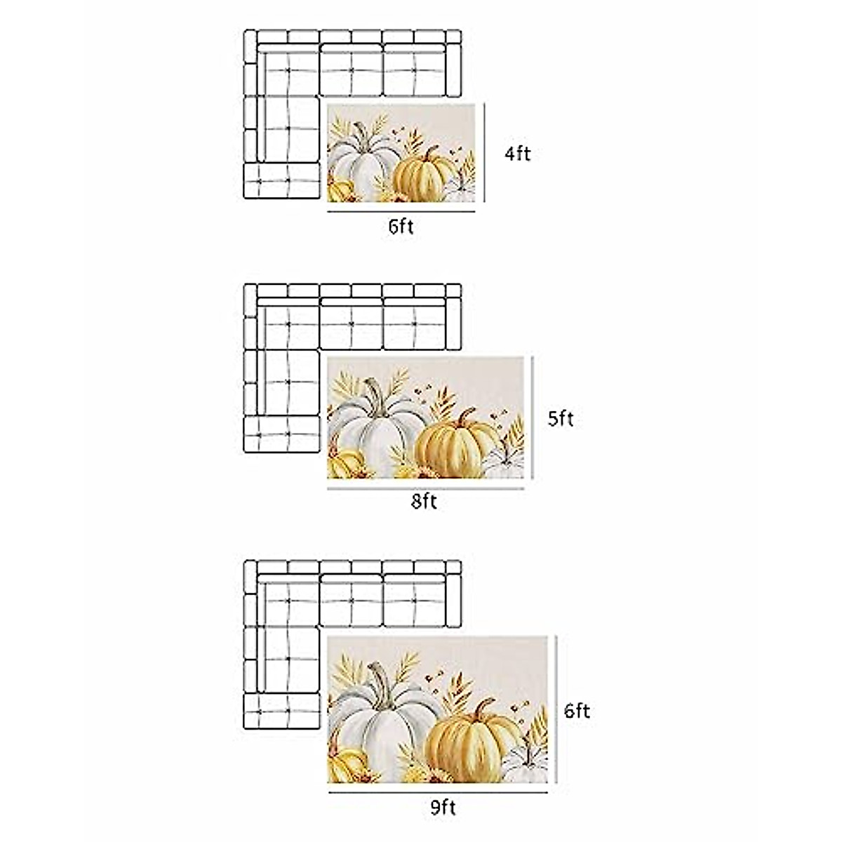 Fall Thanksgiving Outdoor Rug for Patio/Deck/Porch, Non-Slip Area Rug 6x9 Ft, Grey Orange Pumpkin Sunflower Botanical Rustic Indoor Outdoor Rugs Washable Area Rugs, Reversible Camping Rug Carpet