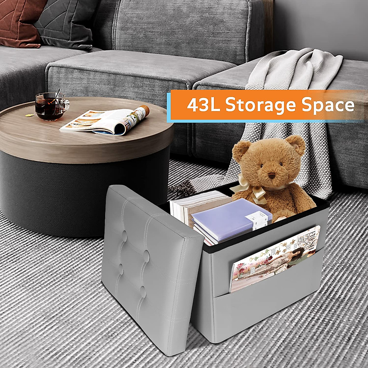 FujDun® Folding Storage Ottoman Foot Rest Footstool with Side Pocket,17 Inch Leather Ottoman Seat for Living Room Bedroom or Dorm,Padded with Thick Sponge,17X13X13in Grey