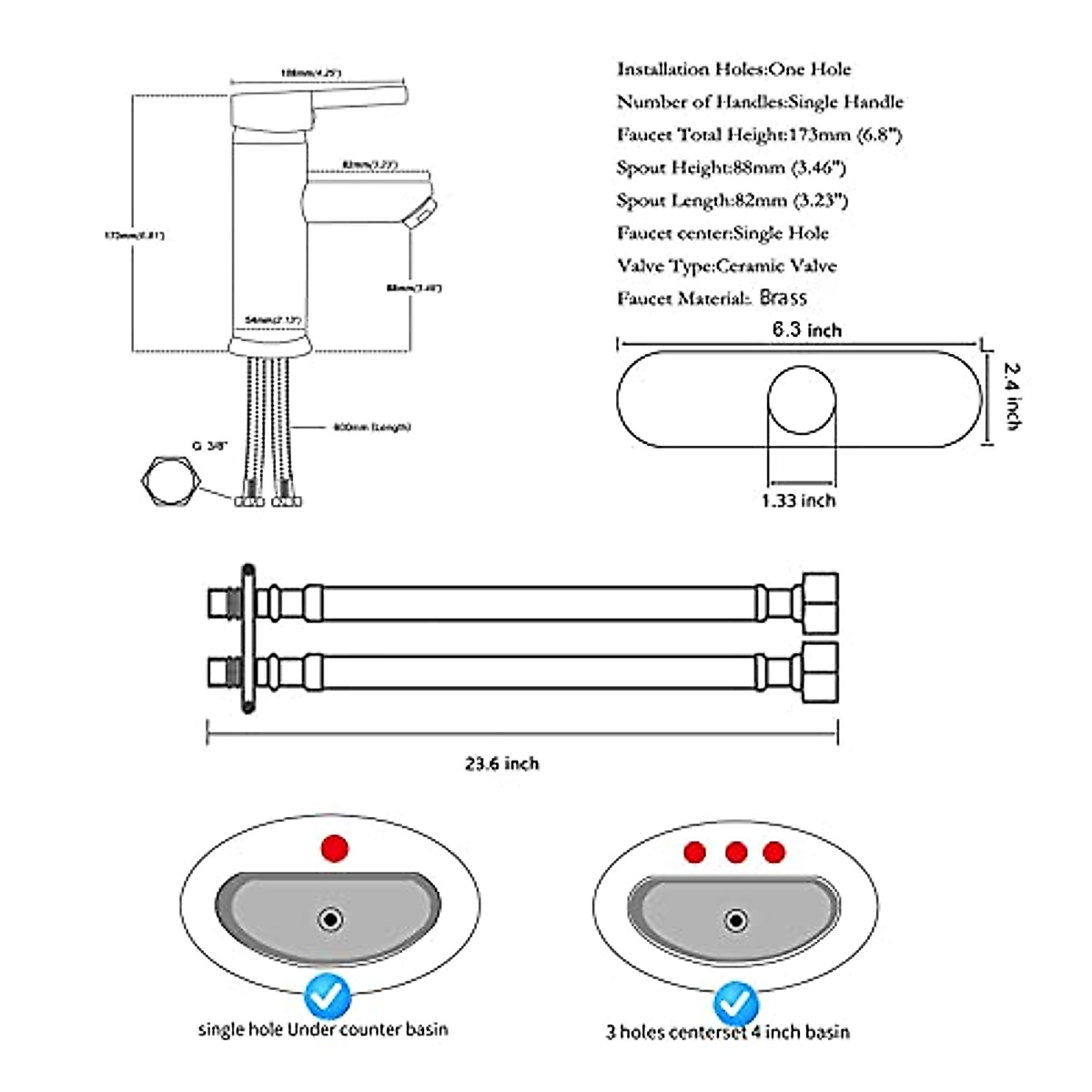 Bathroom Sink Faucet Brushed Nickel Single Hole One Handle Aerator Spout Sink Vanity Bath Lavatory Commercial Basin Faucet with Deck Plate Include PoP Up Drain with Overflow