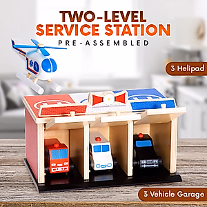 Rescue Station Kids Playset - 2-Level, 3-Bay Parking Garage Toy Set with Fire Truck, Ambulance, Police Car, and 3 Rescue Helicopters - Wooden Toy Rescue Vehicles for Kids Ages 3 and Up
