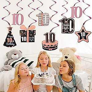 Excelloon 10th Birthday Decorations Supplies for Girls, Rose Gold 8Pcs Hanging Swirls, Happy 10 Year Old Birthday Cake Hat Present Star Party Decor, Ten Year Old Birthday Decorations