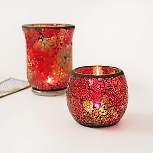 Two-piece Orange Red Mosaic Glass Tea Light Candle Holder Ball and Wind Lantern Shape Votive Candleholder Romantic Handmade Gifts Christmas Candlestick Holders Home Decor Wedding Party Table Decor